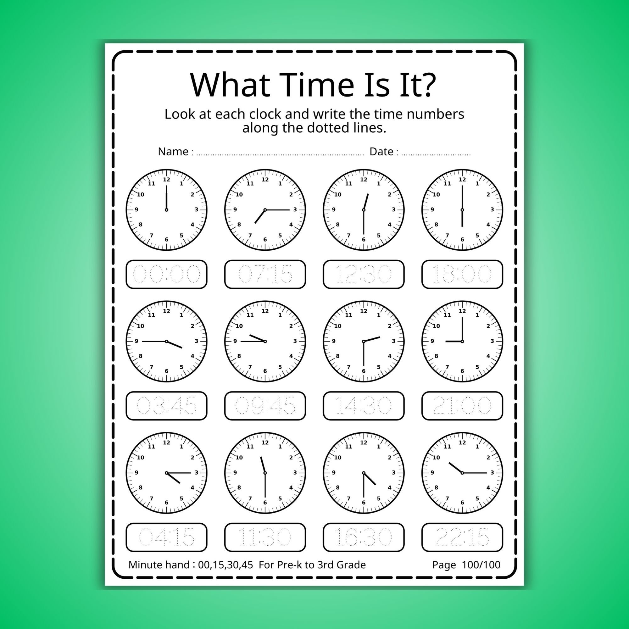 Telling Time by Tracing, Minute Hand : 00,15,30,45, for Pre-k to 3rd ...
