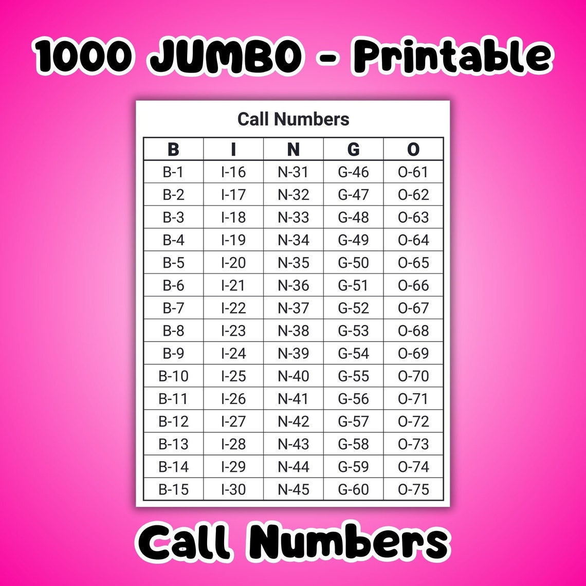 1000 Unique Jumbo Printable Bingo Cards Instant PDF Download Bingo Game ...