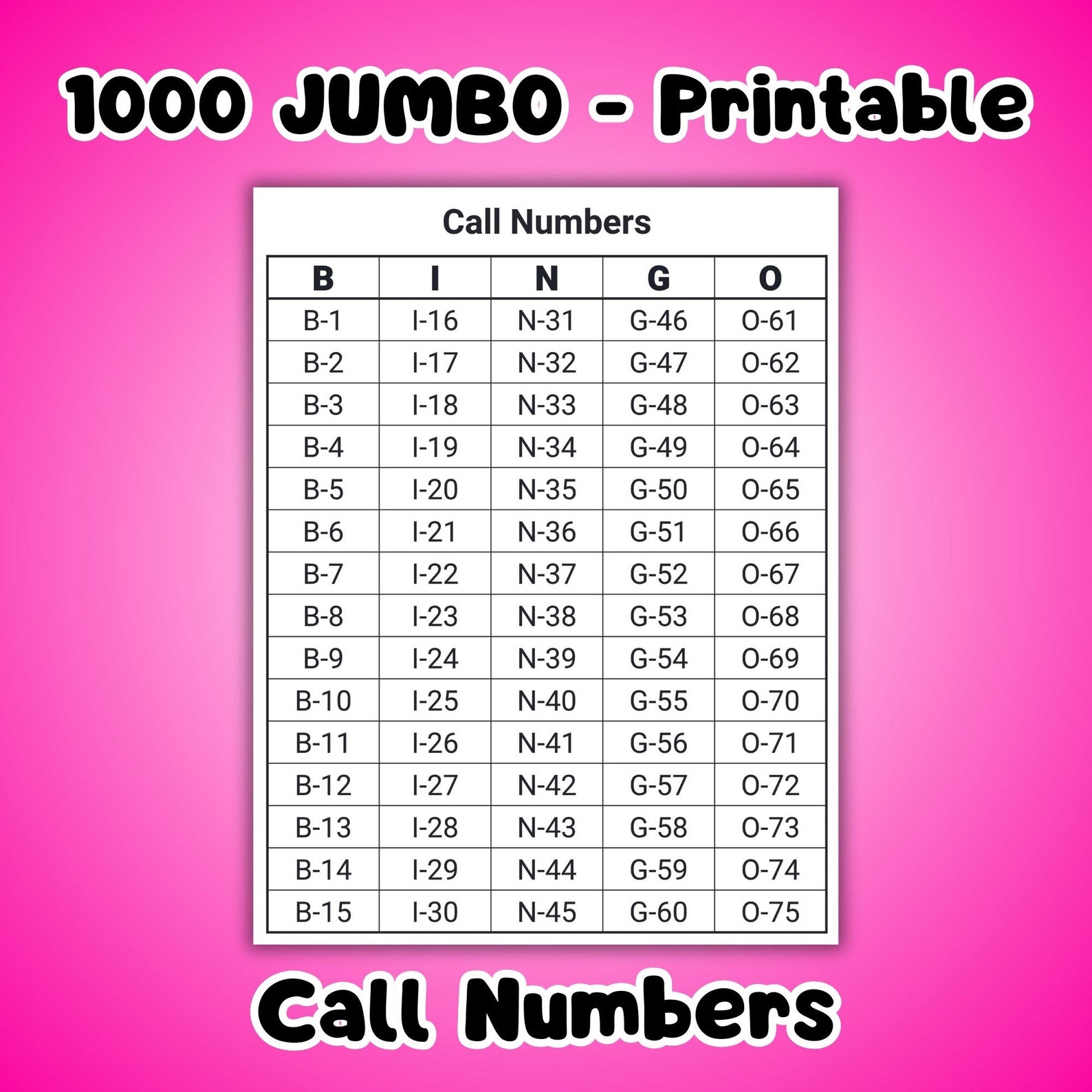 Bingo Cards, 1000 Unique Jumbo Printable - Instant PDF Download | Bingo ...