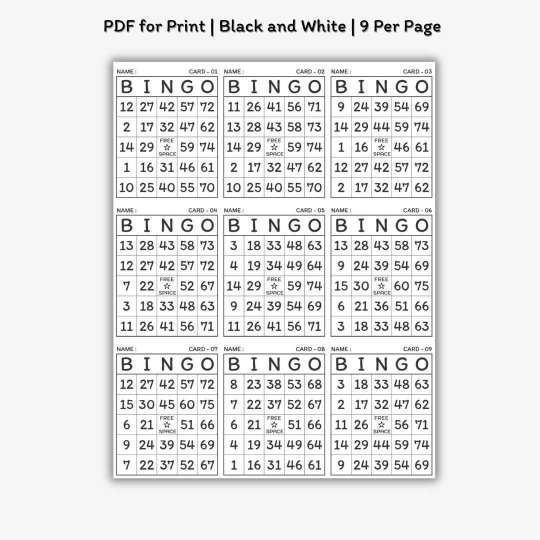 500 Bingo Cards Printable Set Black and White Edition 1, 2, 4, 6, or 9 ...