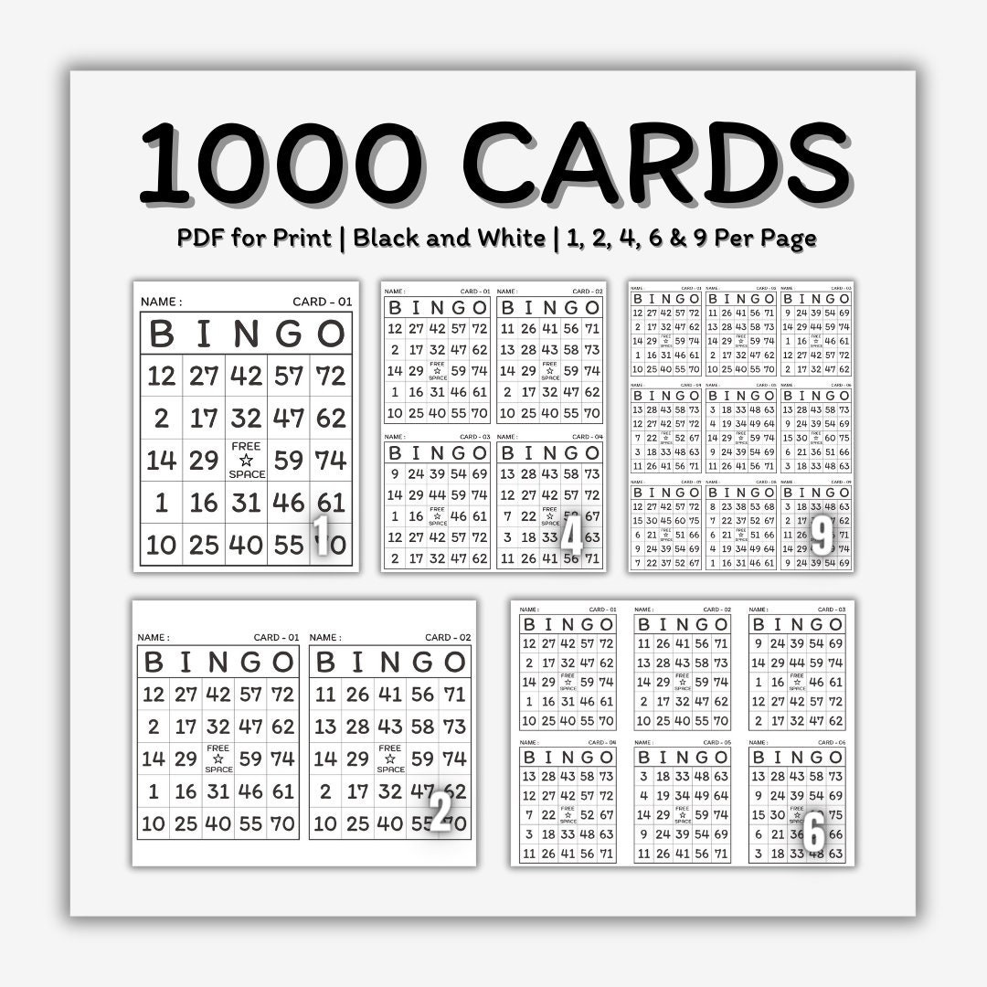 1000 Bingo Cards | Printable Set | Black and White Edition | 1, 2, 4, 6 ...