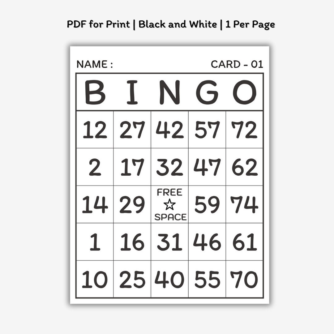 100 Bingo Cards Printable Set Black and White Edition 1, 2, 4, 6, or 9 ...
