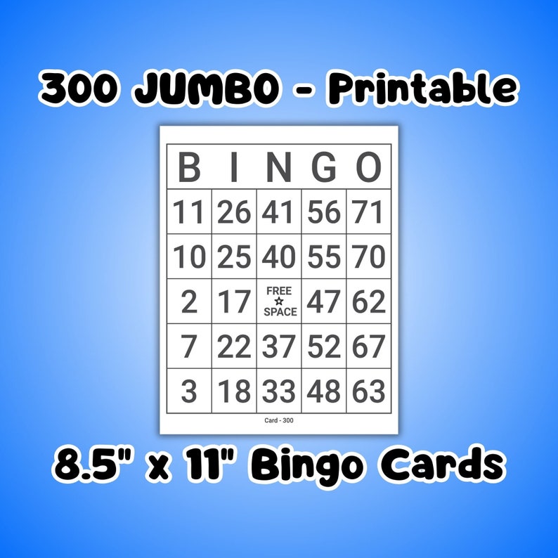 Bingo Cards, 300 Unique Jumbo Printable - Instant PDF Download | Bingo ...