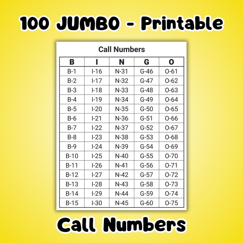 Bingo Cards, 100 Unique Jumbo Printable - Instant PDF Download | Bingo ...