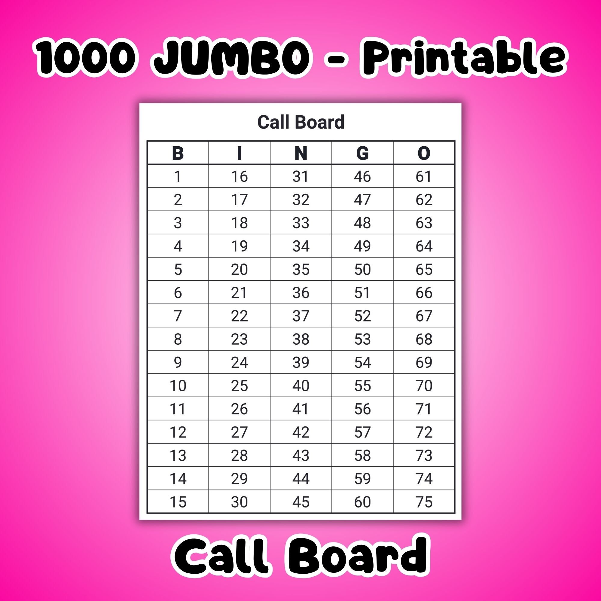 Bingo Cards, 1000 Unique Jumbo Printable - Instant PDF Download | Bingo ...