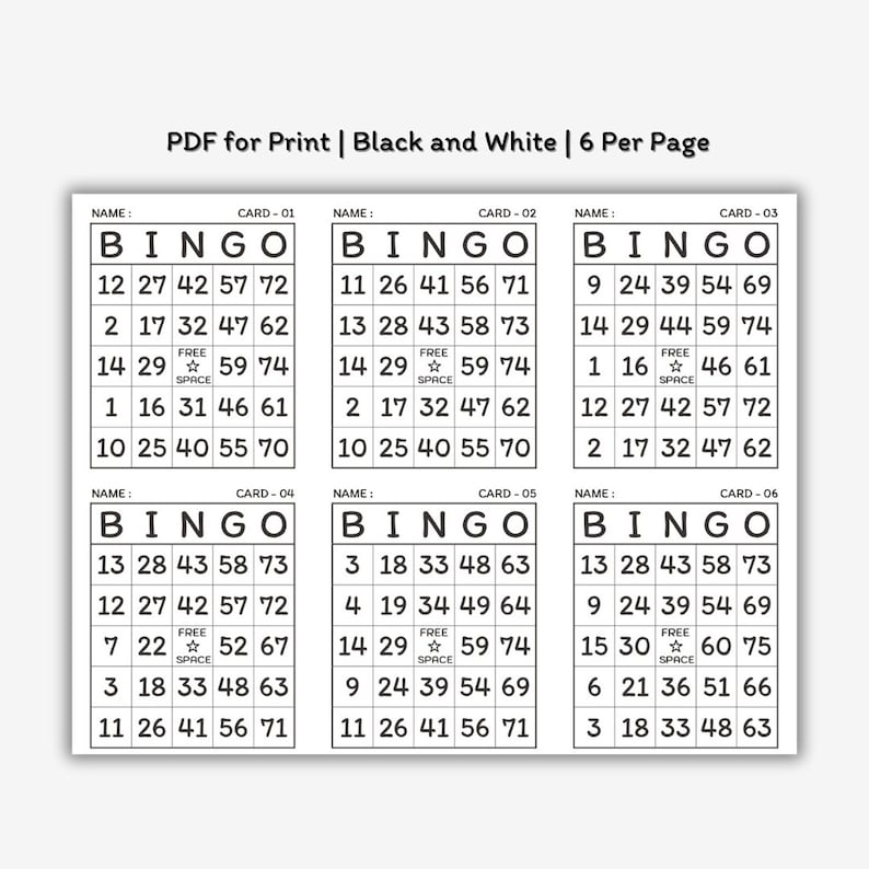 500 Bingo Cards | Printable Set | Black and White Edition | 1, 2, 4, 6 ...