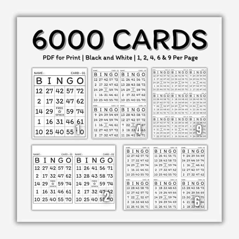 6000 Bingo Cards | Printable Set | Black and White Edition | 1, 2, 4, 6 ...