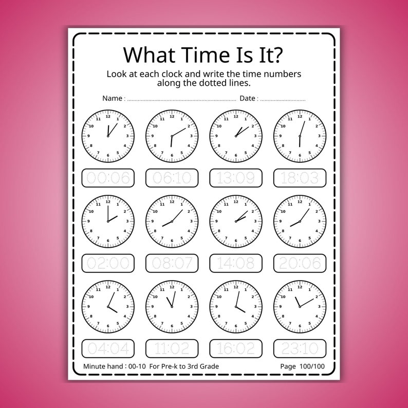 Telling Time by Tracing, Minute Hand : 00 to 10, for Pre-k to 3rd Grade ...