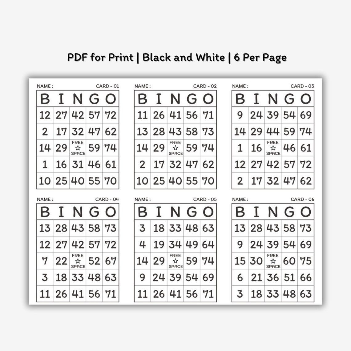250 Bingo Cards Printable Set Black and White Edition 1, 2, 4, 6, or 9 ...