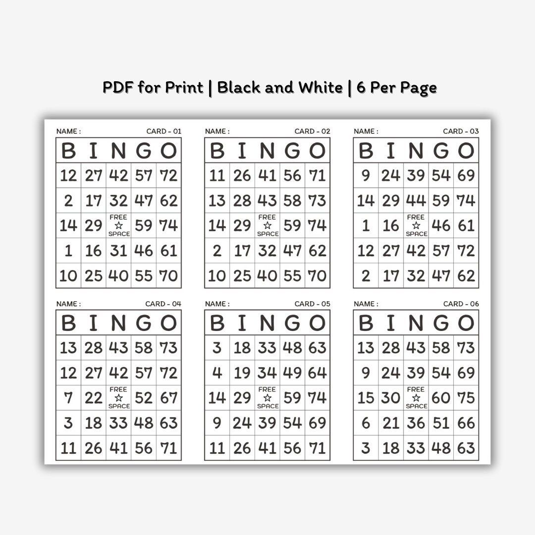250 Bingo Cards Printable Set Black and White Edition 1, 2, 4, 6, or 9 ...