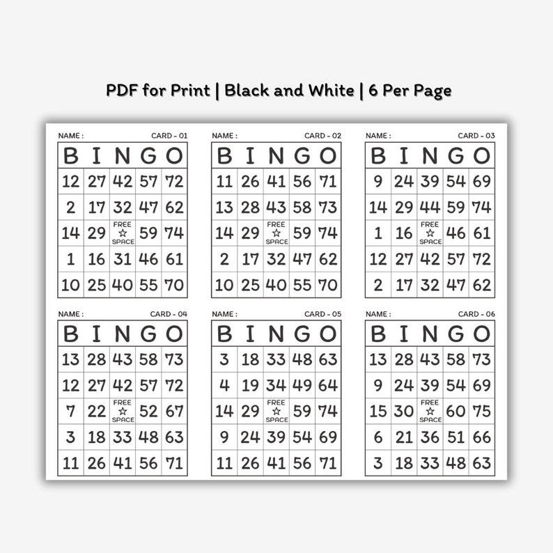 100 Bingo Cards | Printable Set | Black and White Edition | 1, 2, 4, 6 ...