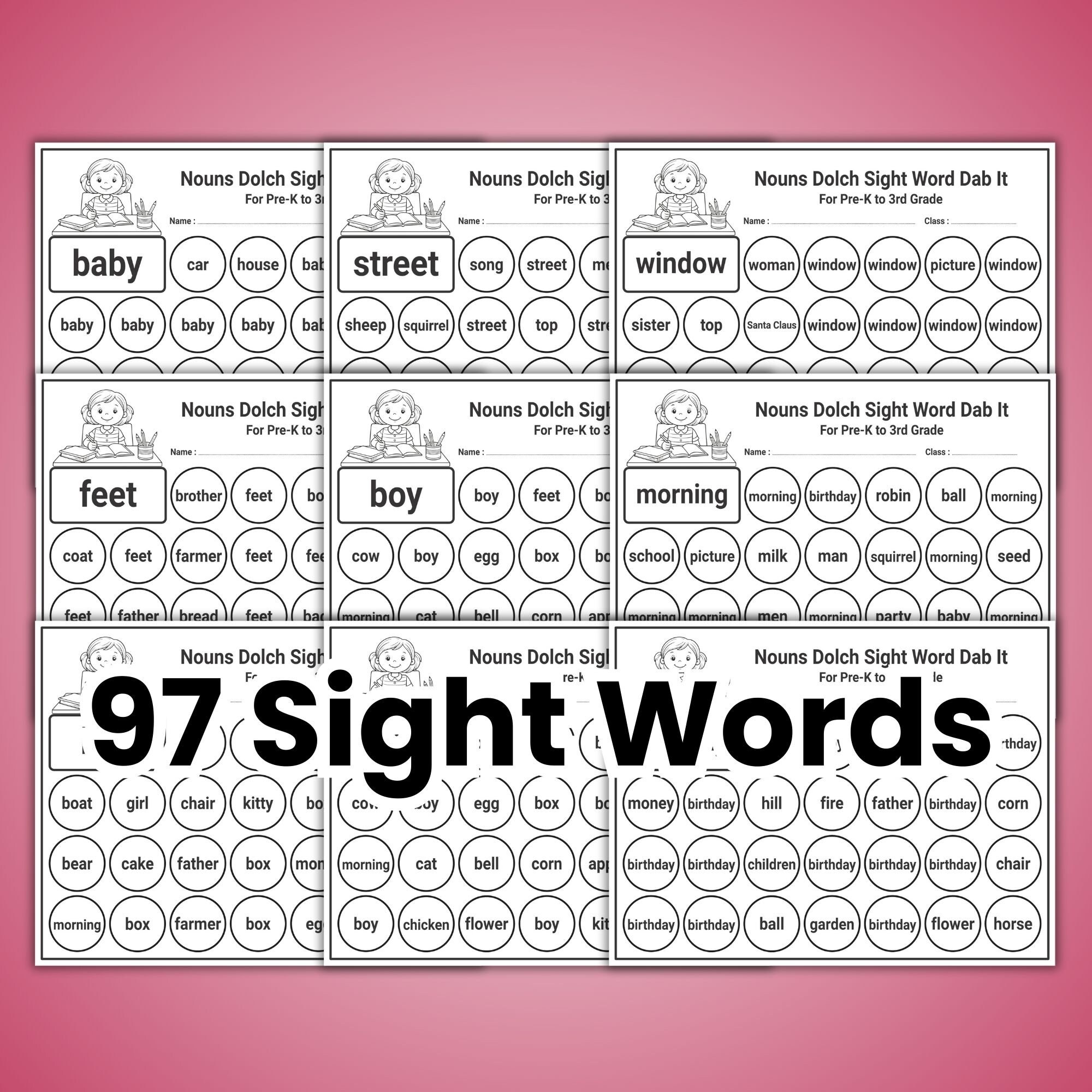 Nouns Dolch Sight Word Dab It Worksheets: 97 Printable Activities for ...