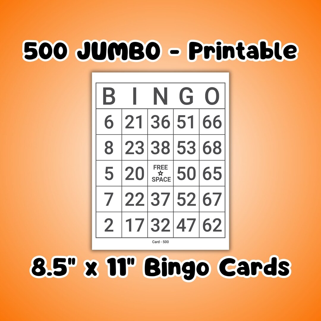 Bingo Cards, 500 Unique Jumbo Printable - Instant PDF Download | Bingo ...