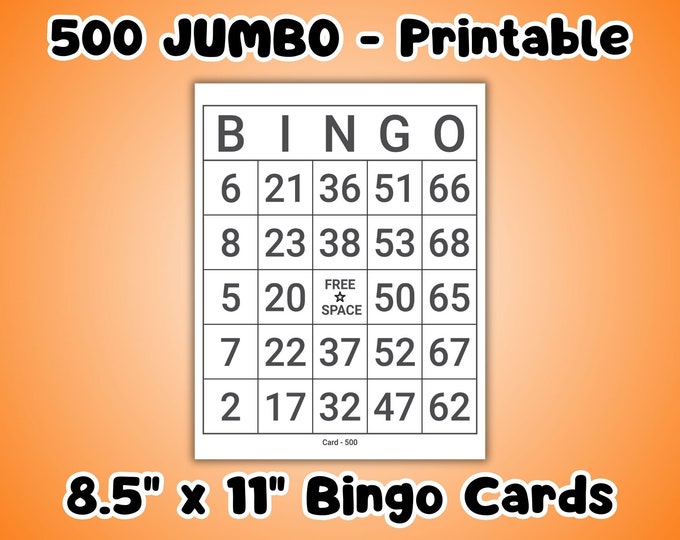 Bingo Cards, 500 Unique Jumbo Printable - Instant PDF Download | Bingo ...