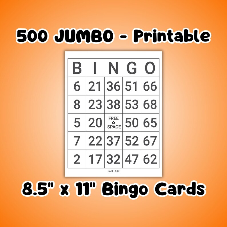 Bingo Cards, 500 Unique Jumbo Printable - Instant PDF Download | Bingo ...