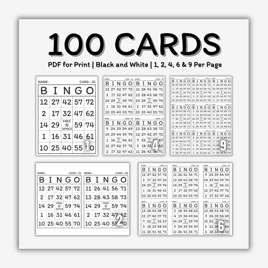 100 Bingo Cards | Printable Set | Black and White Edition | 1, 2, 4, 6 ...