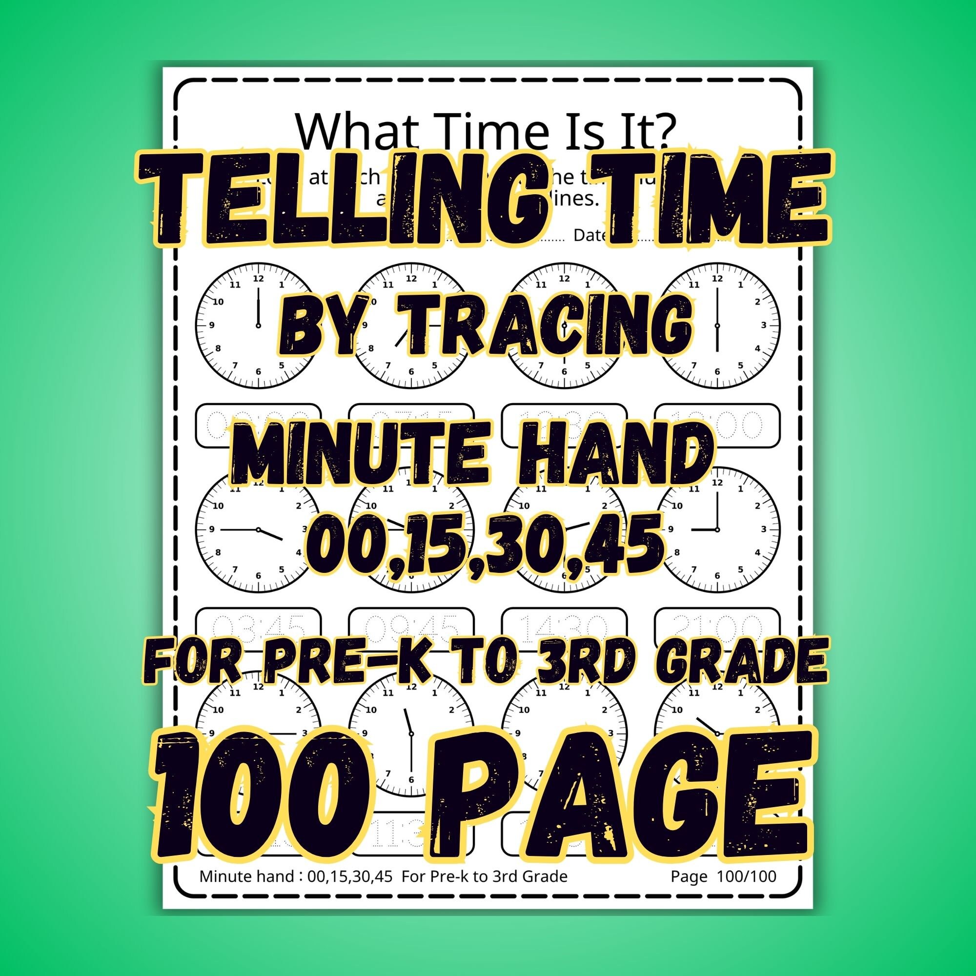 Telling Time by Tracing, Minute Hand : 00,15,30,45, for Pre-k to 3rd ...