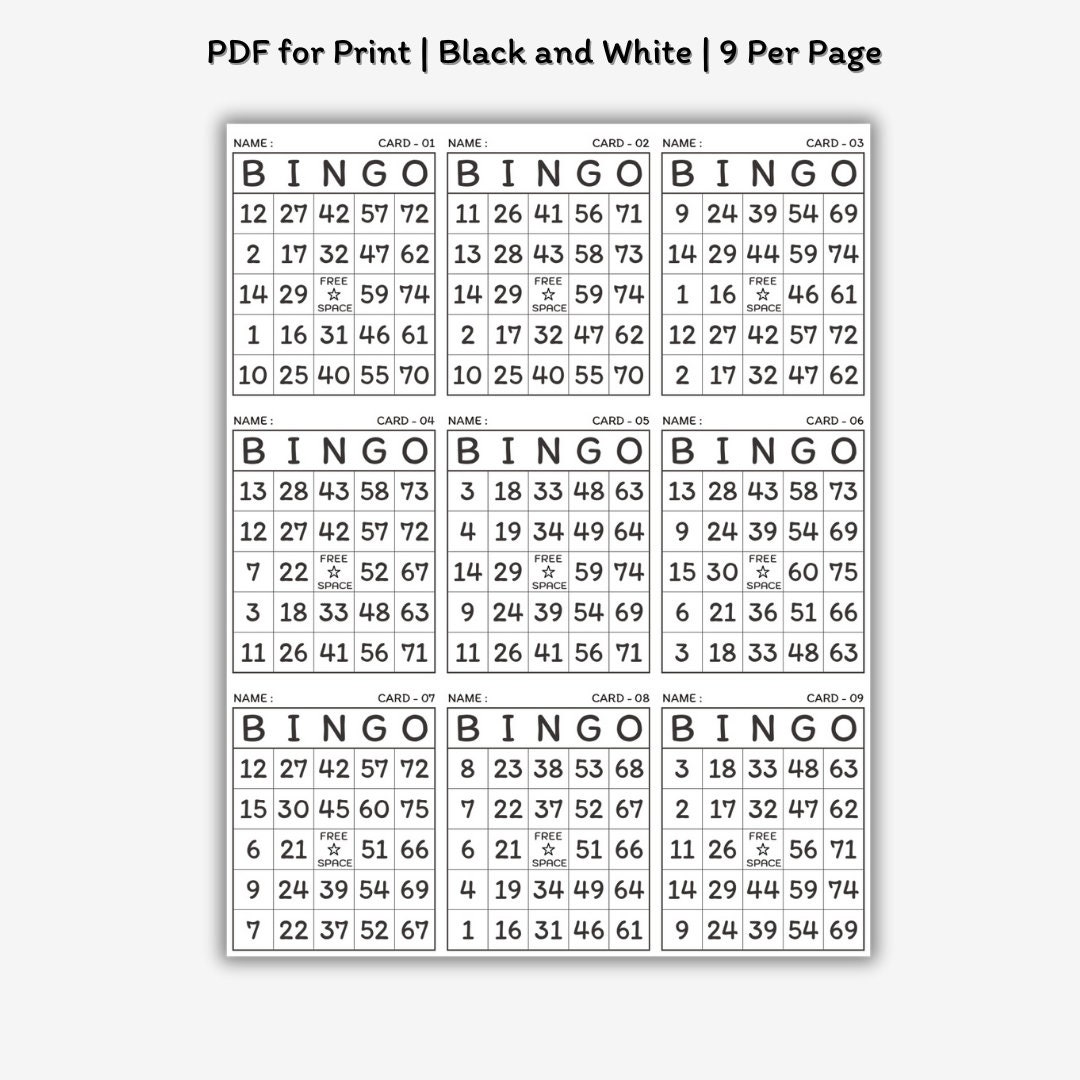 100 Bingo Cards Printable Set Black and White Edition 1, 2, 4, 6, or 9 ...