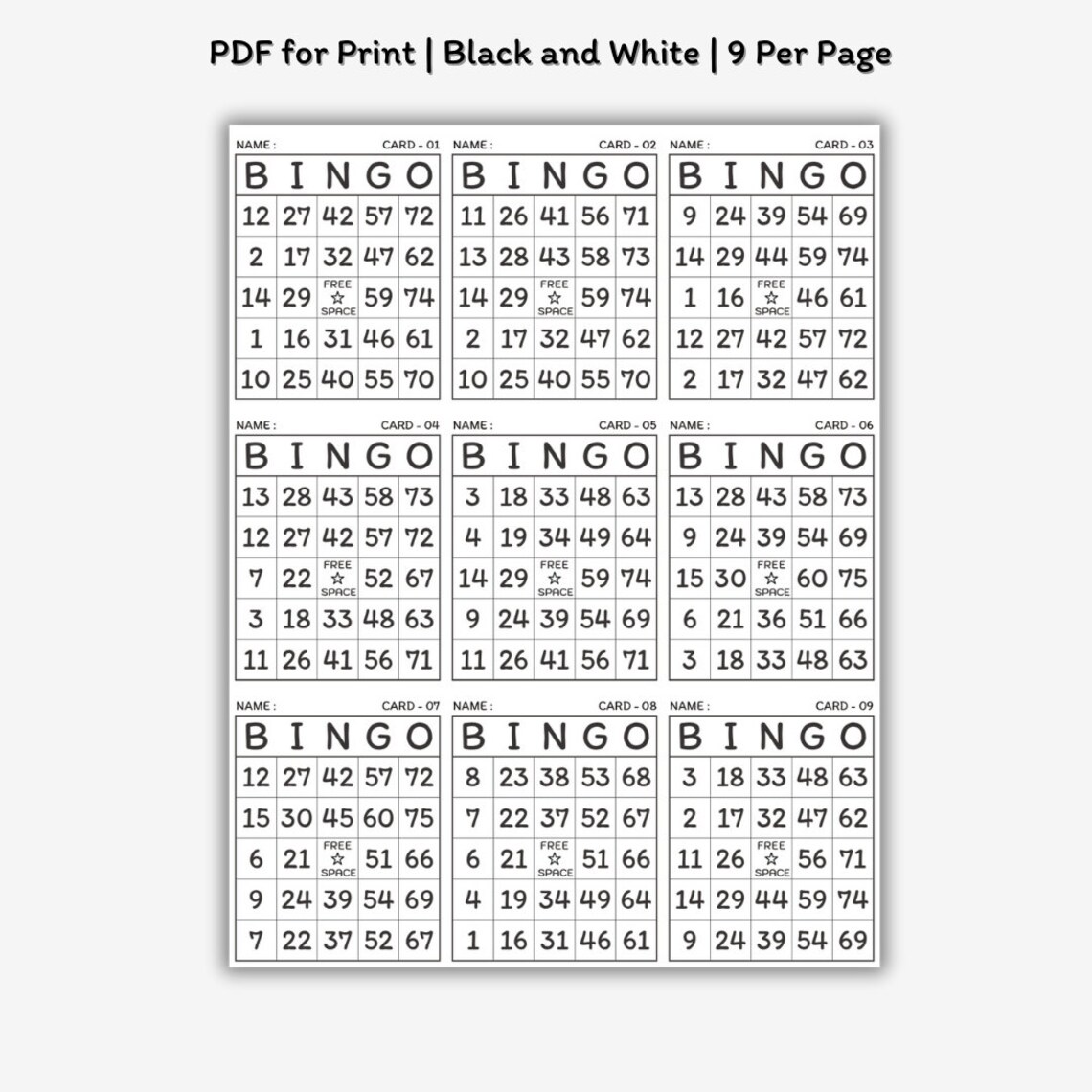 250 Bingo Cards Printable Set Black and White Edition 1, 2, 4, 6, or 9 ...