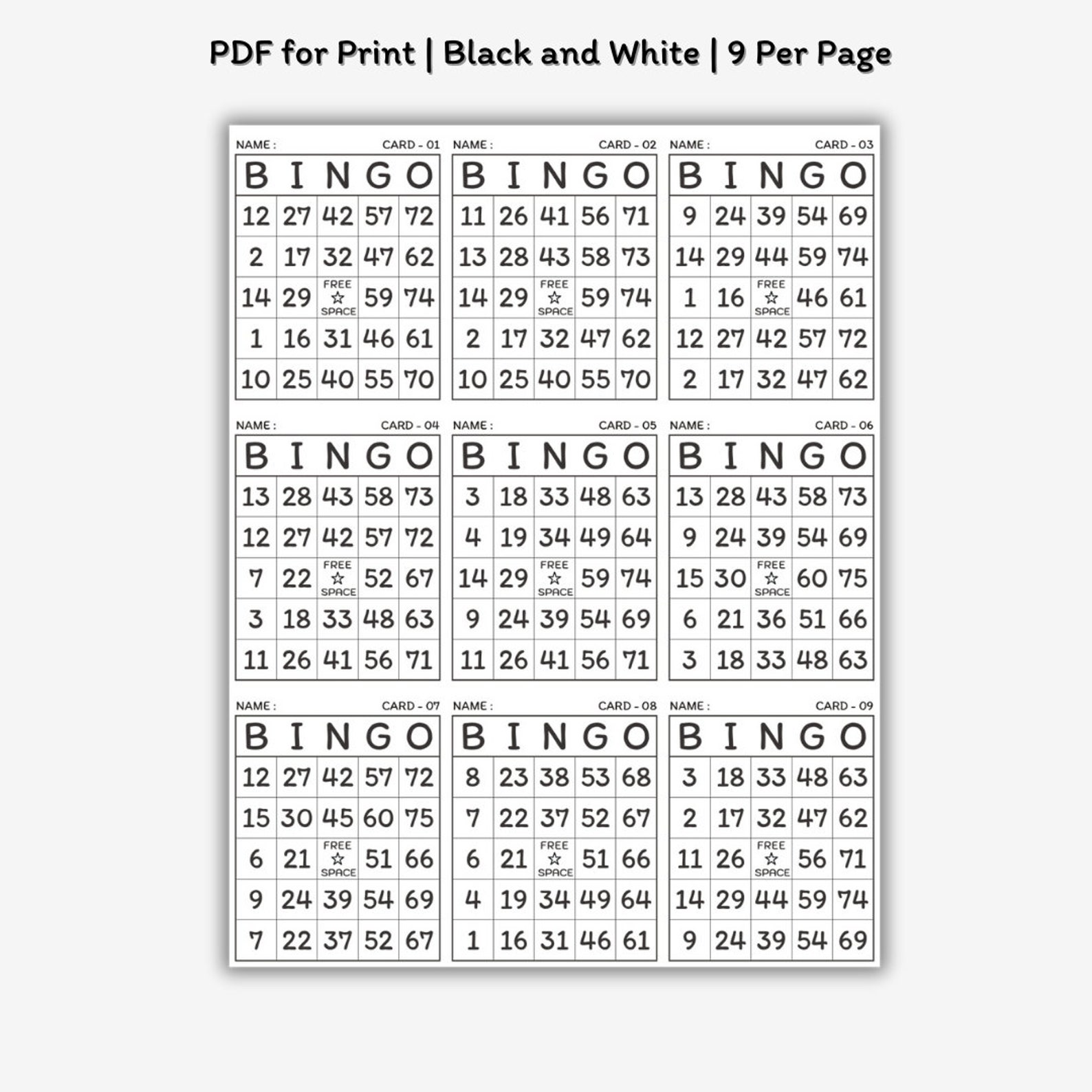 250 Bingo Cards Printable Set Black and White Edition 1, 2, 4, 6, or 9 ...
