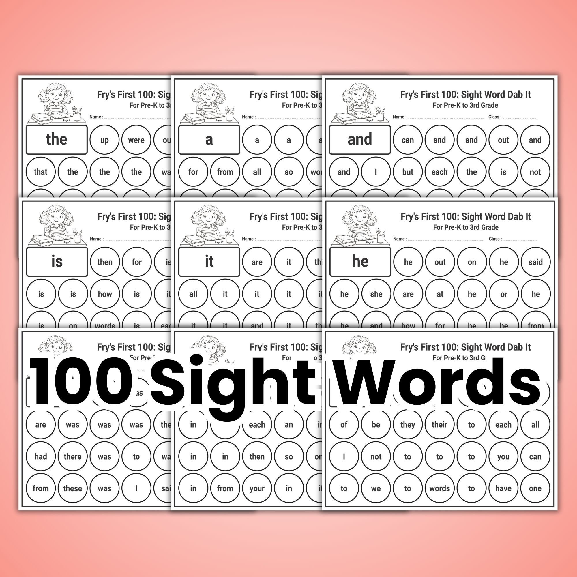 Fry's First 100 Sight Word Dab It Worksheets: 100 Printable Activities ...