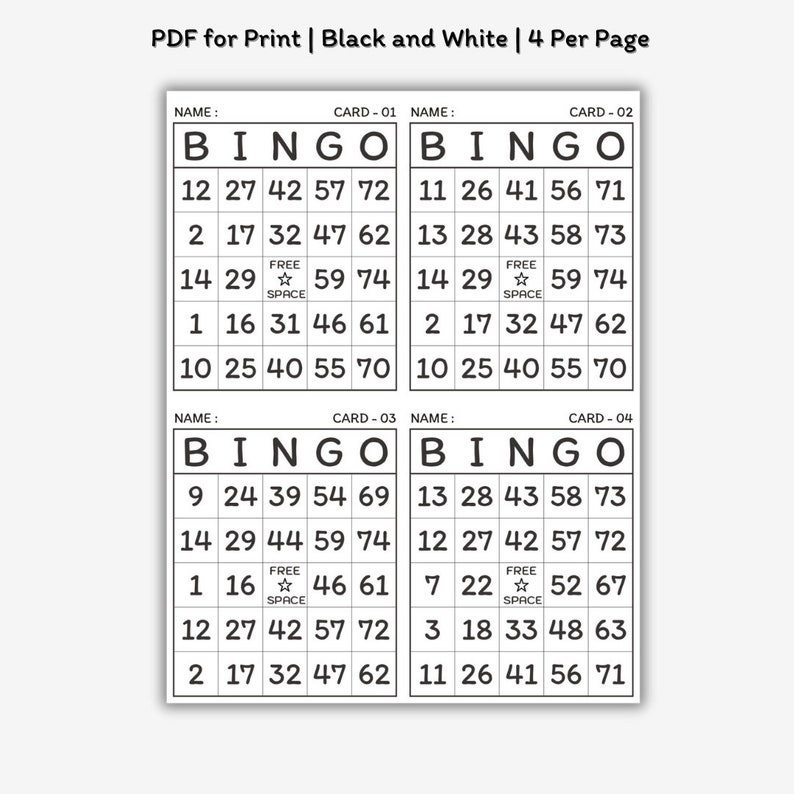 250 Bingo Cards | Printable Set | Black and White Edition | 1, 2, 4, 6 ...