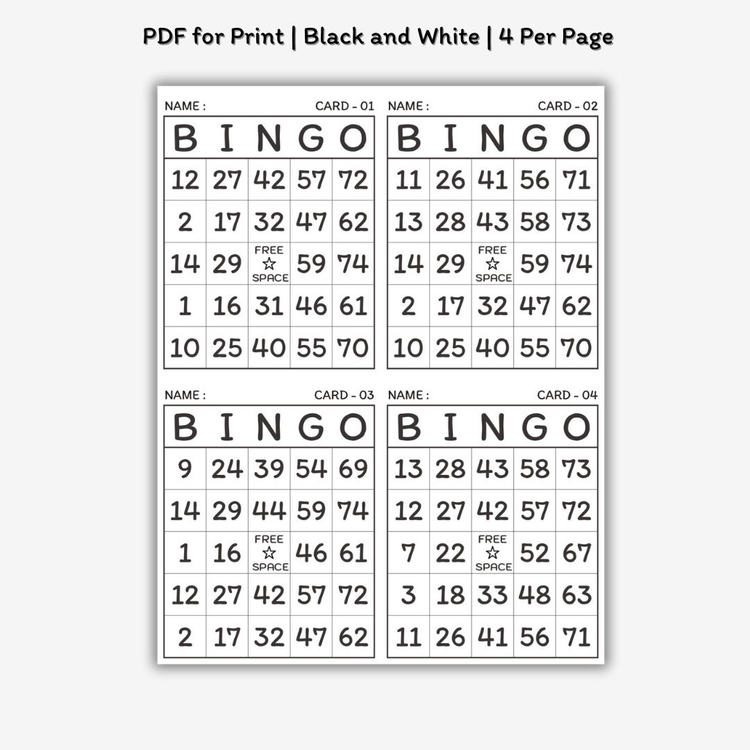 250 Bingo Cards Printable Set Black and White Edition 1, 2, 4, 6, or 9 ...