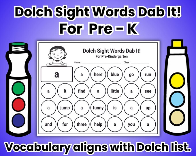 Pre-k Dolch Sight Word Dab It Worksheets: 40 Printable Activities for ...