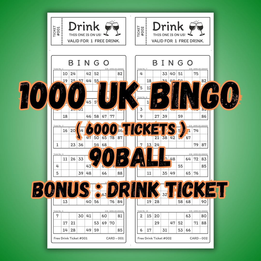 UK Style Bingo 1-90 Ball, 500 Pages, 1000 Cards, Bonus : Drink Ticket ...