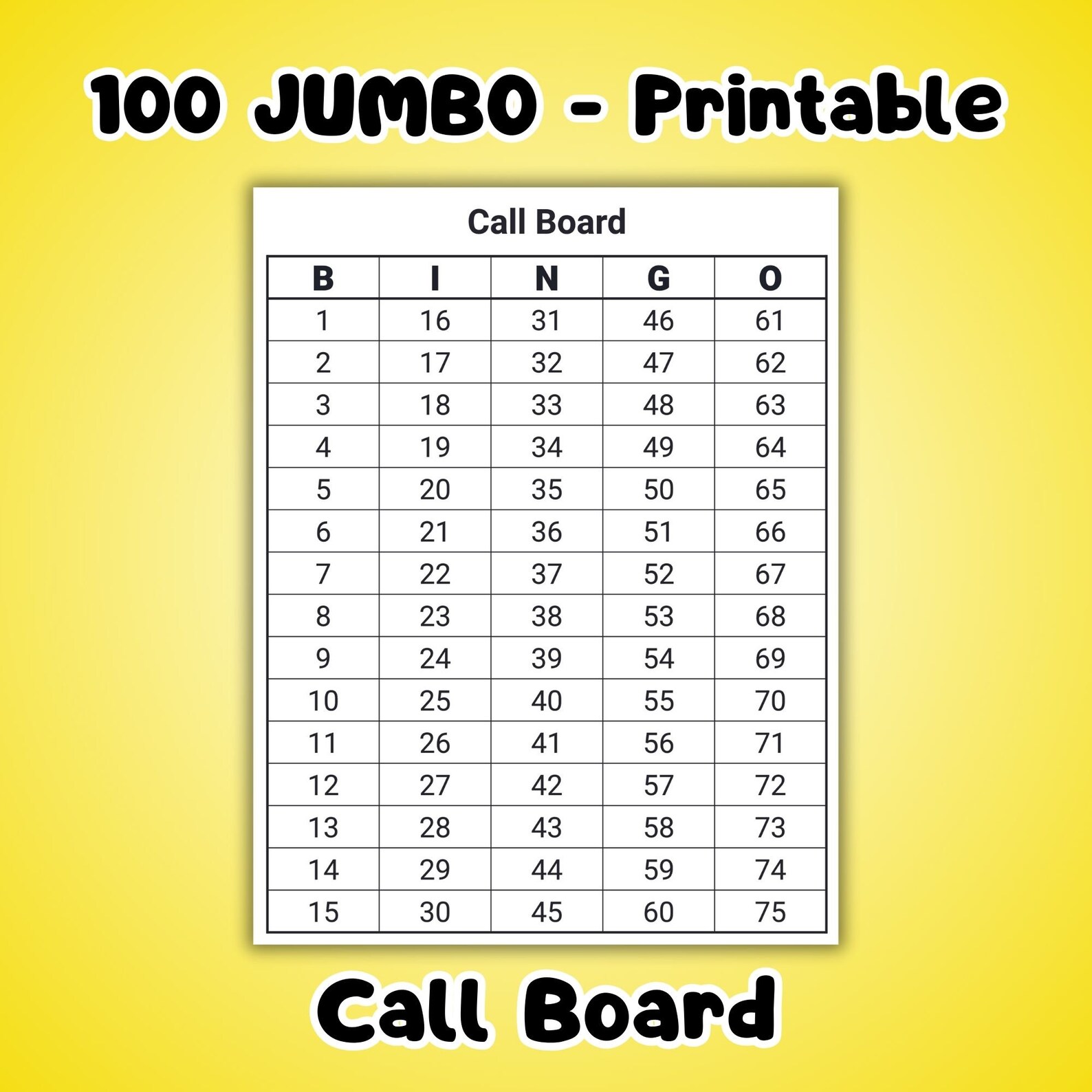 Bingo Cards, 100 Unique Jumbo Printable - Instant PDF Download | Bingo ...