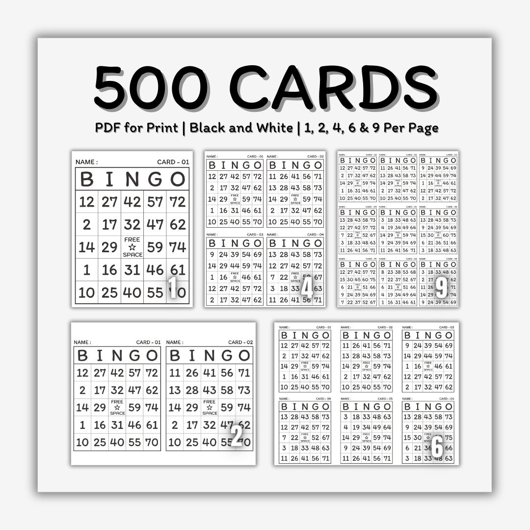 500 Bingo Cards | Printable Set | Black and White Edition | 1, 2, 4, 6 ...