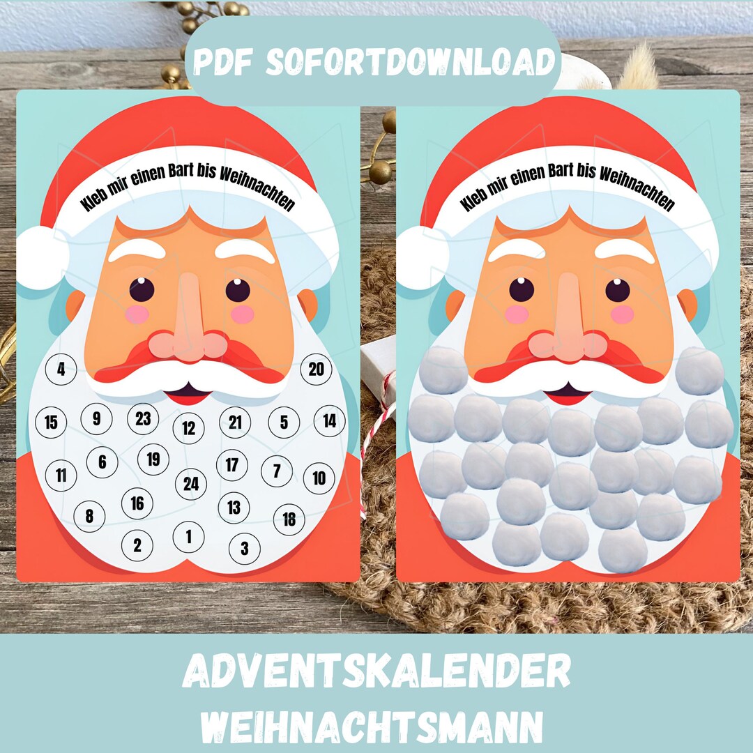 Advent Calendar Santa Claus Countdown for Children, Printable & Beard ...