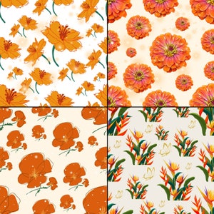 Orange Watercolor Floral Digital Printable Paper, Seamless Digital ...