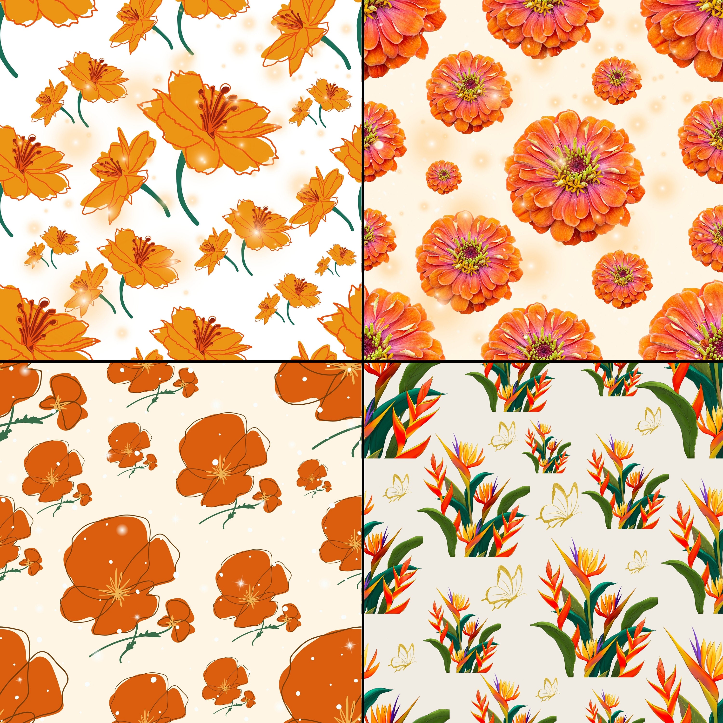 Orange Watercolor Floral Digital Printable Paper, Seamless Digital ...
