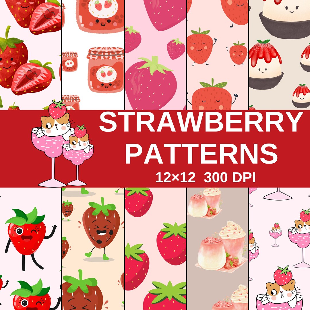 Strawberry Seamless Printable Digital Papers Set, Seamless Commercial ...