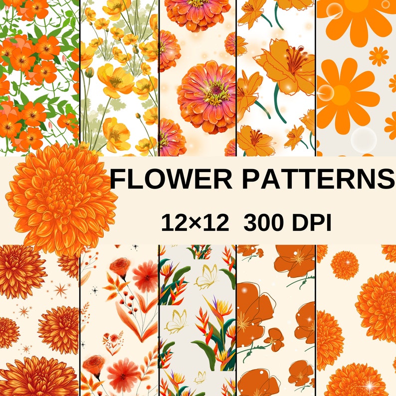 Orange Watercolor Floral Digital Printable Paper, Seamless Digital ...