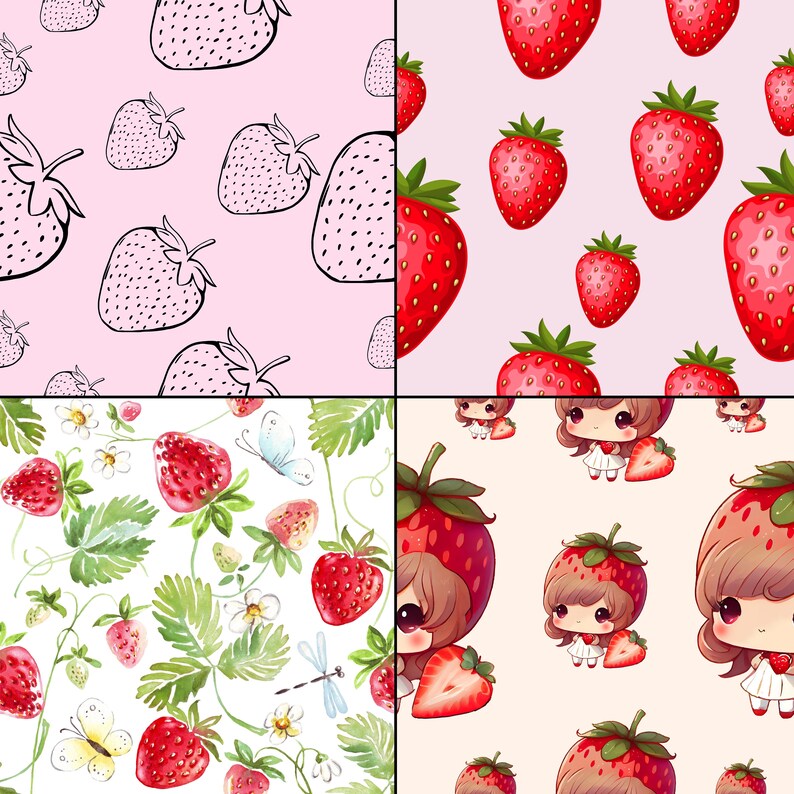 Strawberry Theme Seamless Printable Digital Patterns Wall and Frame Set ...