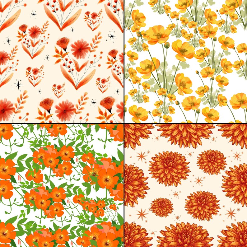 Orange Watercolor Floral Digital Printable Paper, Seamless Digital ...