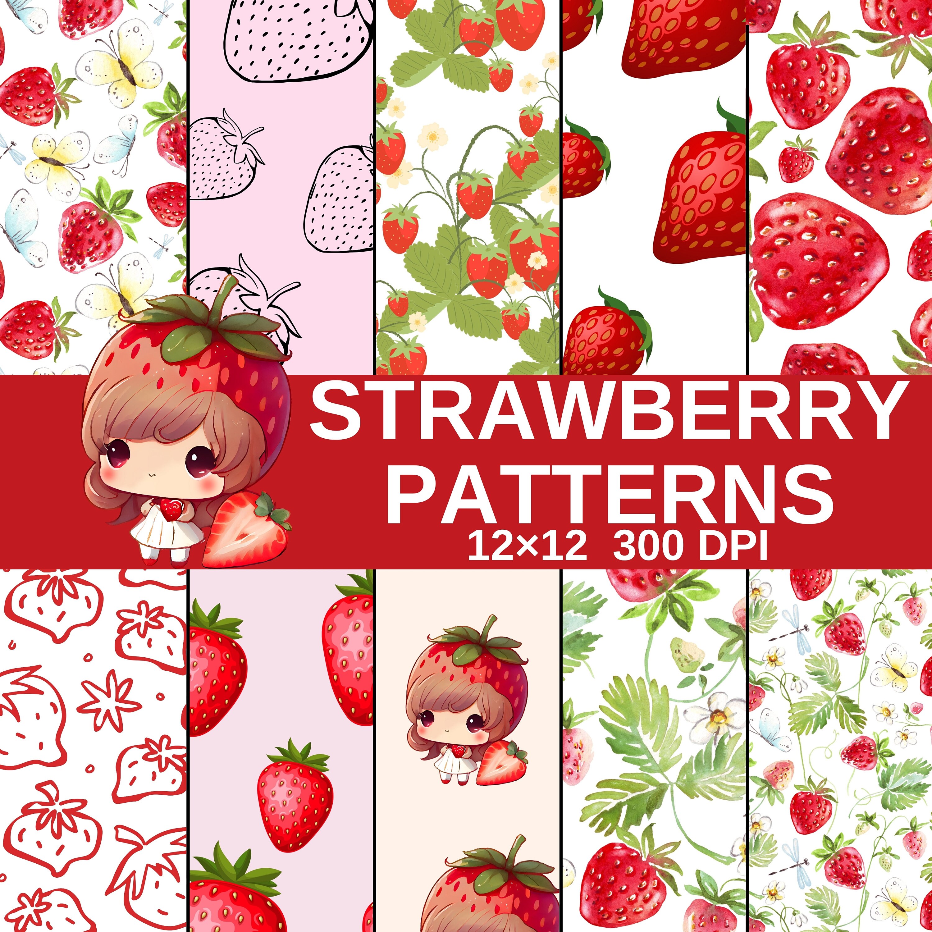 Strawberry Theme Seamless Printable Digital Patterns Wall and Frame Set ...