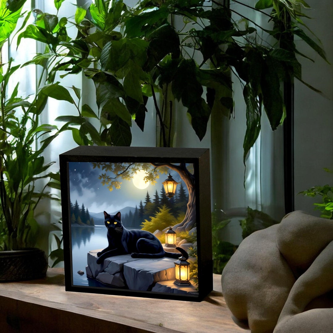 Black Cat Night Lamp: Hand-painted Wooden Accent Light - Etsy