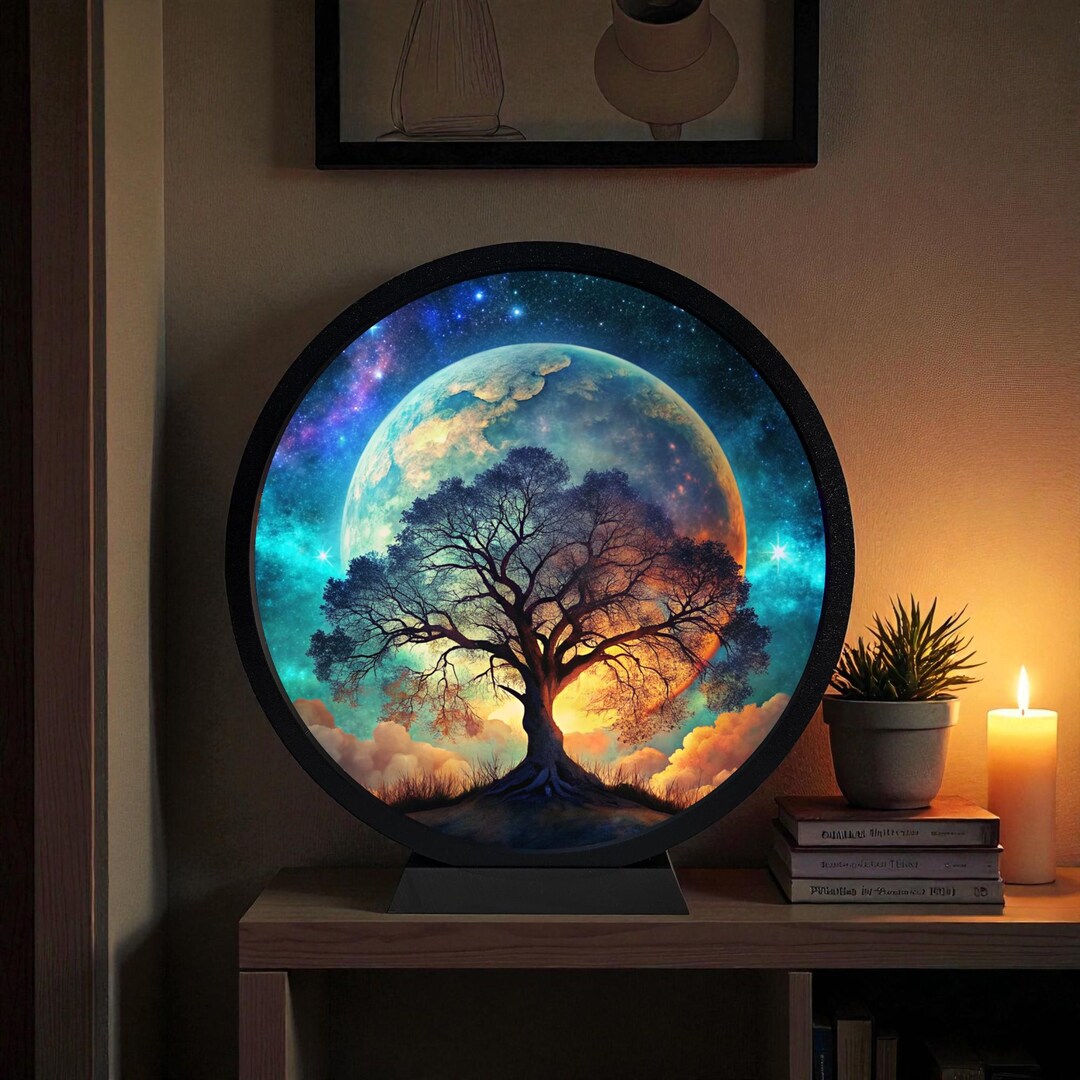 Hexagon Cosmic Tree Night Lamp With Wooden Frame – Mystical Moonlight ...