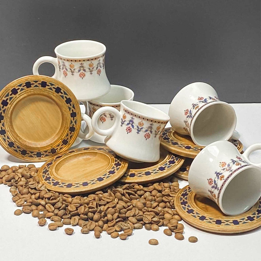 Porcelain Turkish Coffee Cup Set With Bamboo Saucer for 6 Persons - Etsy