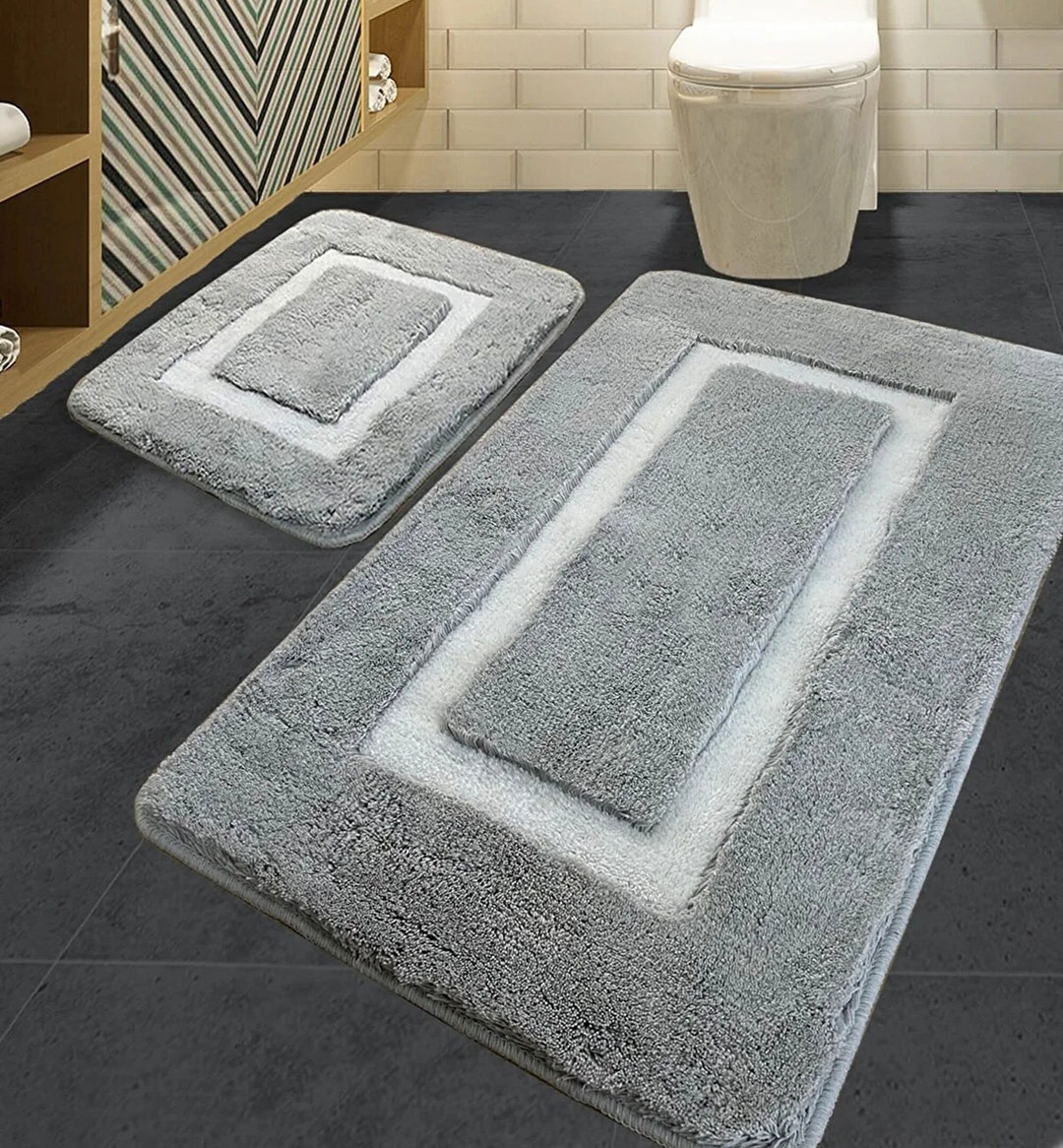 Fluffy Frame Bath Rug Set, Tufted Bath Rug, Gray Rug, Bath Decor ...