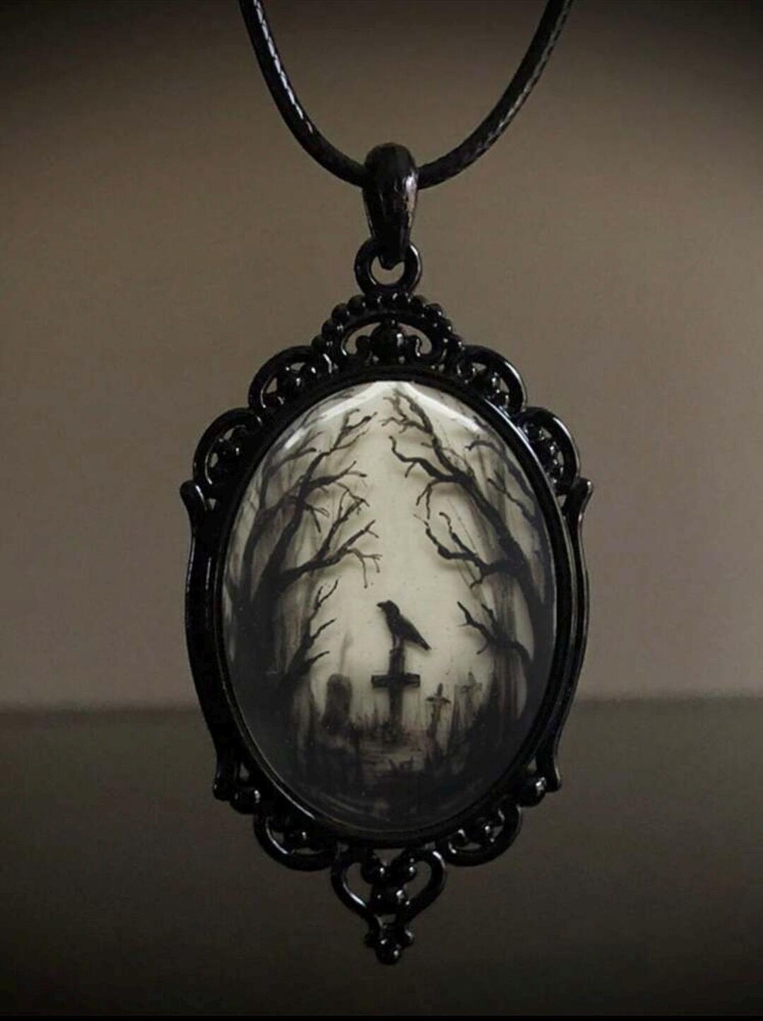Gothic Graveyard Raven Cross Glass Pendant Necklace - Etsy