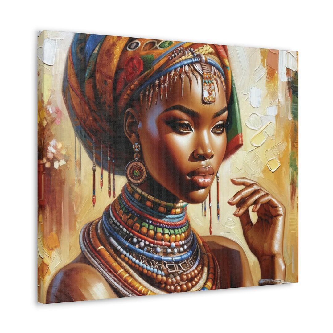 African Queen Portrait Canvas Vibrant Traditional Tribal Jewelry & Attire Art Canvas Gallery ...