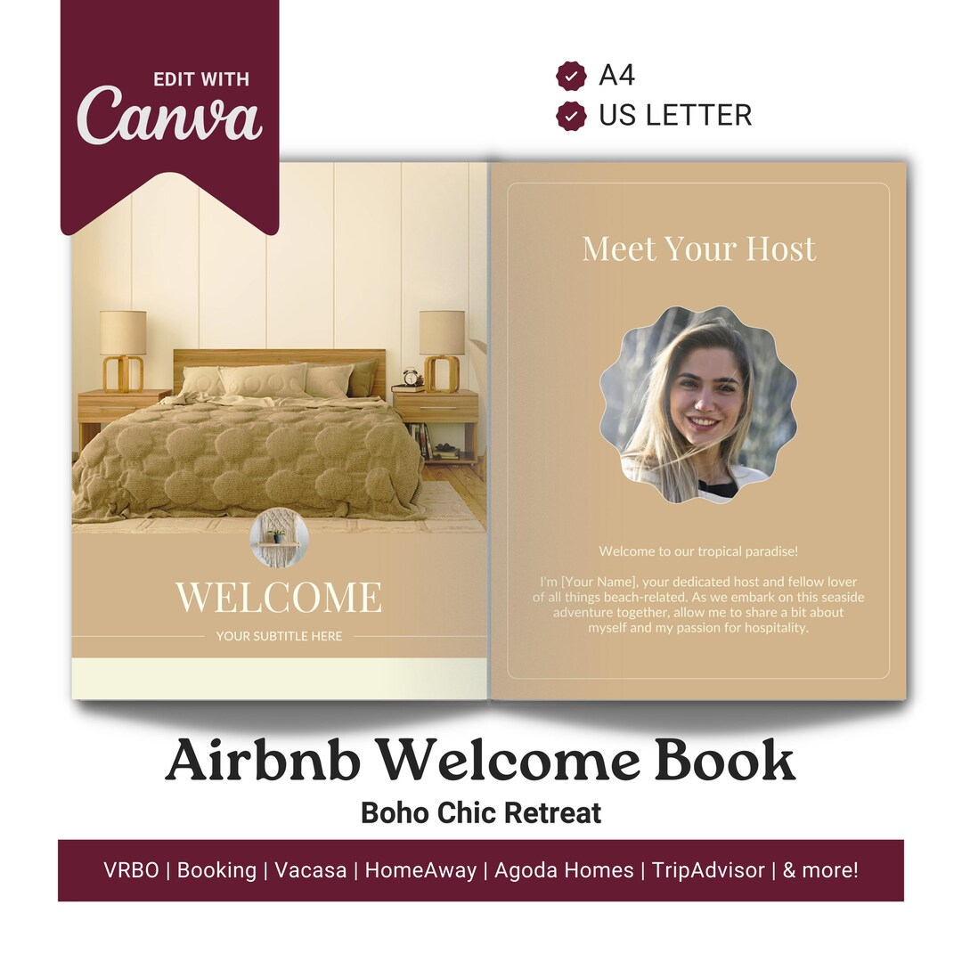 Airbnb Printable Welcome Book Boho Chic Retreat Editable in Canva A4 US ...