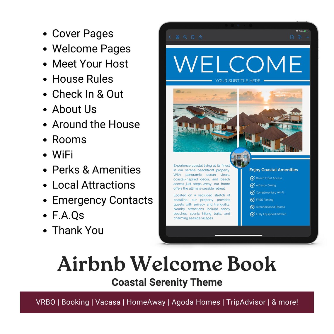 Airbnb Printable Welcome Book Coastal Serenity Editable in Canva A4 US ...