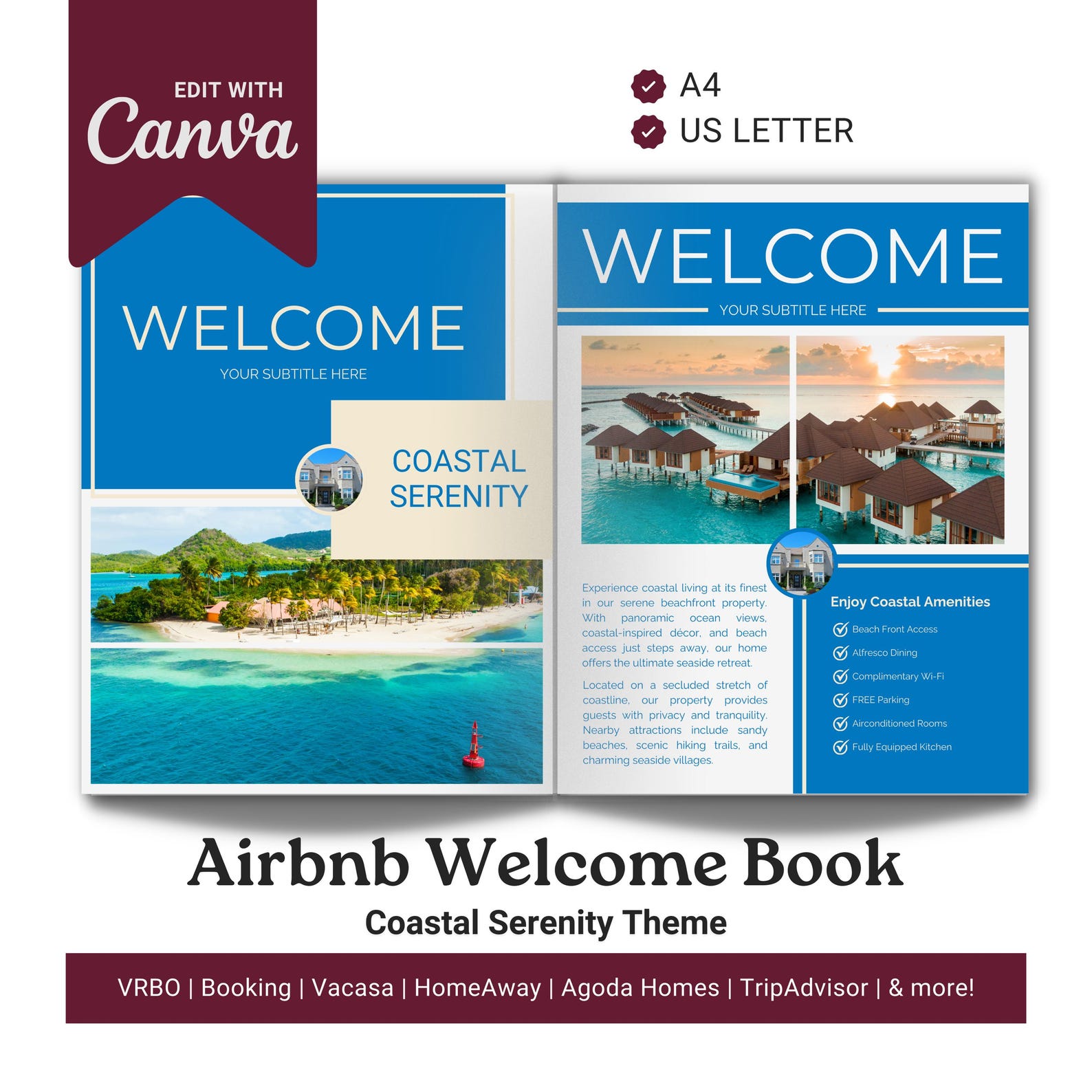 Airbnb Printable Welcome Book Coastal Serenity Editable in Canva A4 US ...