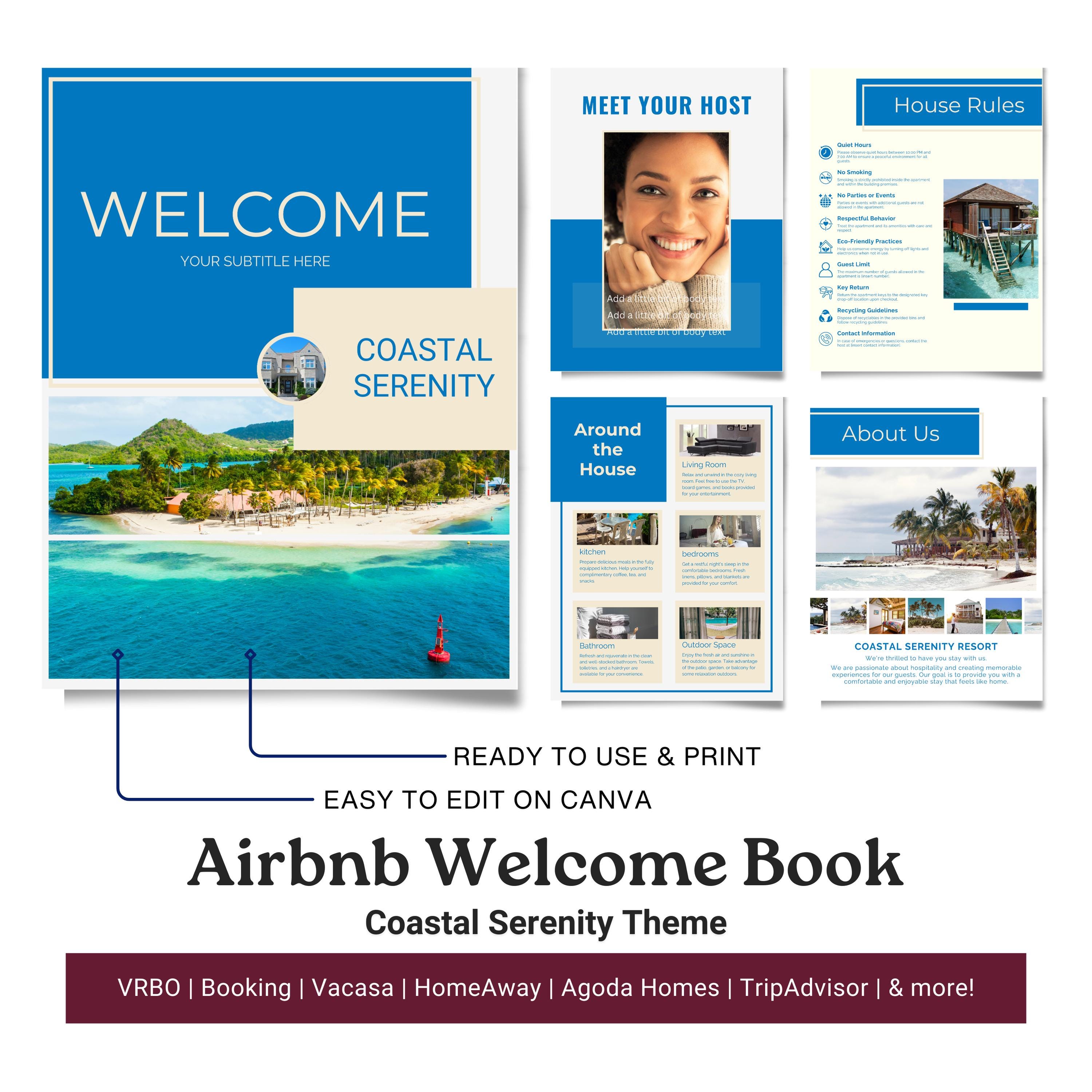 Airbnb Printable Welcome Book Coastal Serenity Editable in Canva A4 US ...