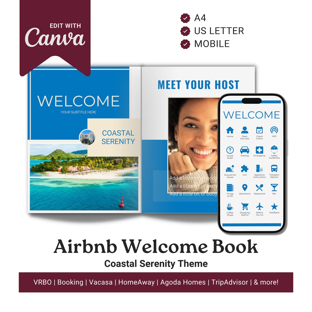 Airbnb Printable Digital Welcome Book Coastal Serenity Editable in ...